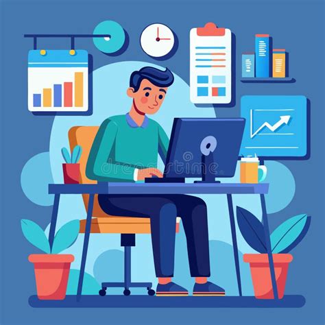 Man Working On Computer At Desk With Charts And Graphs Stock Vector Illustration Of