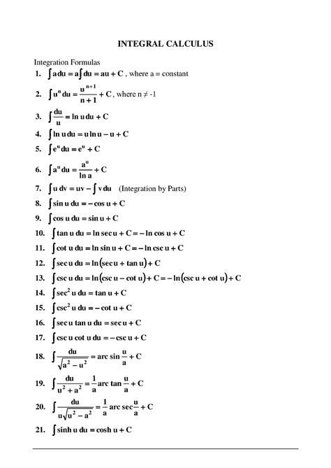 Integral Calculus Integral Calculus Integration Formulas 1 Adu A Du Au C Where A Constant