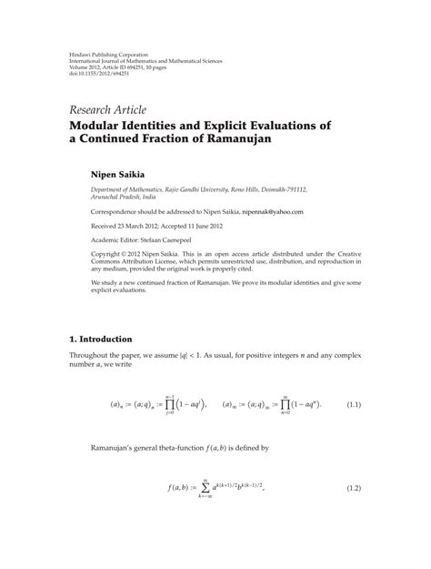 Pdf Modular Identities And Explicit Evaluations Of A Continued Fraction Of Ramanujan