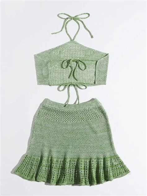 Halterneck Tied Backless Pointelle Knit Cover Up Top And Skirt Set Shein Usa Crochet Top Summer