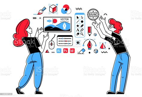 창의적인 프로젝트 벡터 윤곽선 일러스트레이션을 작업하는 그래픽 디자이너 팀은 Pc 소프트웨어에서 시각적 작업 작곡 및 편집을 수행하는 디지털 아티스트에게 영감을 주었습니다