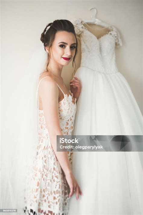 럭셔리 기쁨 메이크업과 헤어스타일 스튜디오 실내 사진 촬영 깃털으로 패션 웨딩 드레스를 입고 아름 다운 신부 단일 이미지에 대한 스톡 사진 및 기타 이미지 Istock