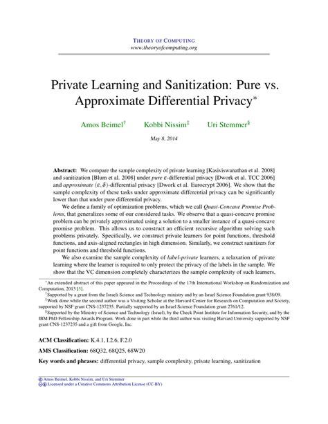 Pdf Private Learning And Sanitization Pure Vs Approximate