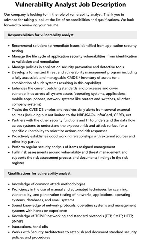 Vulnerability Analyst Job Description Velvet Jobs