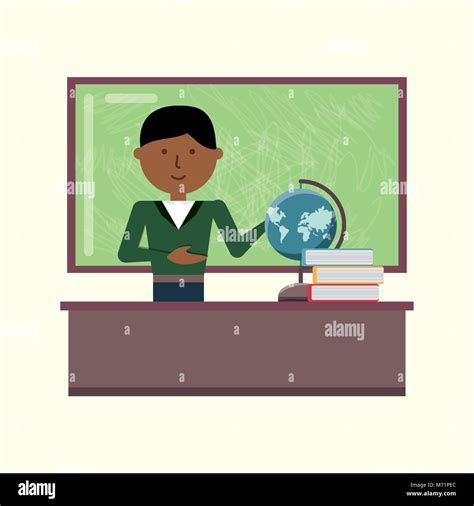 Cartoon School Teacher Standing At The Desk With Books And Geography