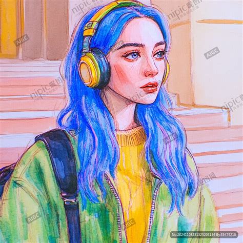 Ai创作图板绘人像 彩铅少女 青春风少女插画 写实人物插画 女生插画绘画 酷女孩插画 网红潮流插画 耳机插画 板绘少女插画 都市女孩插画 Ins风人物 听音乐插画 时尚潮流人物原创插画 小姐姐
