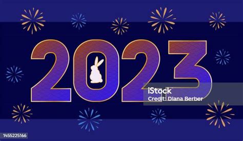 배경에 토끼와 불꽃놀이가 있는 중국 설날 배너와 숫자 안에 아시아 패턴이 있습니다 초대 카드 인사말 배너 장식 예술 2023년에 대한 스톡 벡터 아트 및 기타 이미지