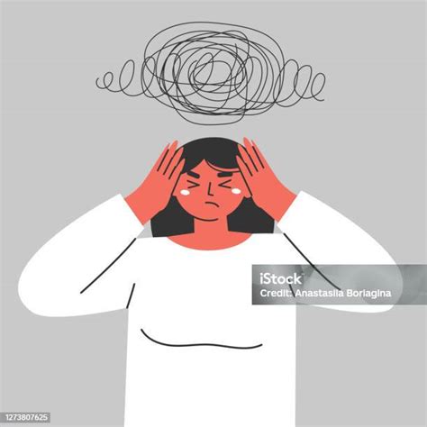 여자는 강박 관념 두통 해결되지 않은 문제 심리적 외상 우울증으로 고통받습니다 플랫 벡터 일러스트레이션 강박에 대한 스톡 벡터 아트 및 기타 이미지 Istock