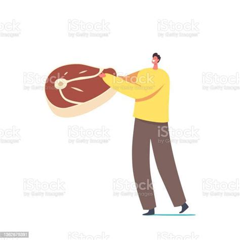 거대한 쇠고기 스테이크를 들고 작은 남성 캐릭터 흰색 배경에 고립 된 고기조각을 가진 남자 팔레오 다이어트 바베큐 고기에 대한