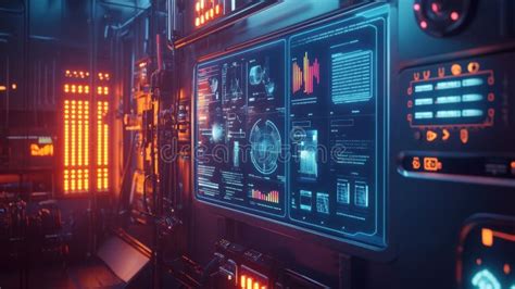Futuristic Control Room Monitoring Showing Charts And Data Analysis On Computer Screen Stock