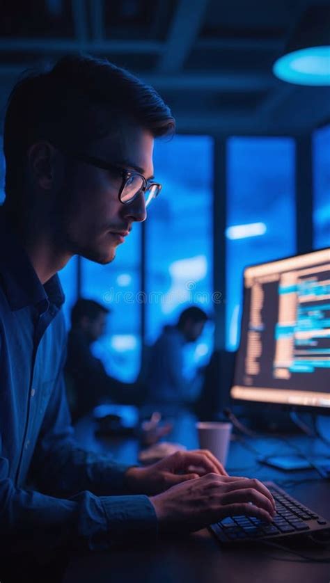 the blue glow of a computer screen reflecting off the glasses of a programmer working late in a