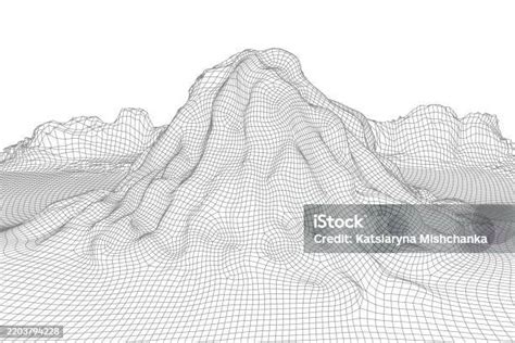 추상적인 벡터 와이어프레임 풍경 배경 3d 미래 지향적 인 메쉬 산 80년대 복고풍 그림 사이버 공간 기술의 계곡 3차원 형태에 대한 스톡 벡터 아트 및 기타 이미지