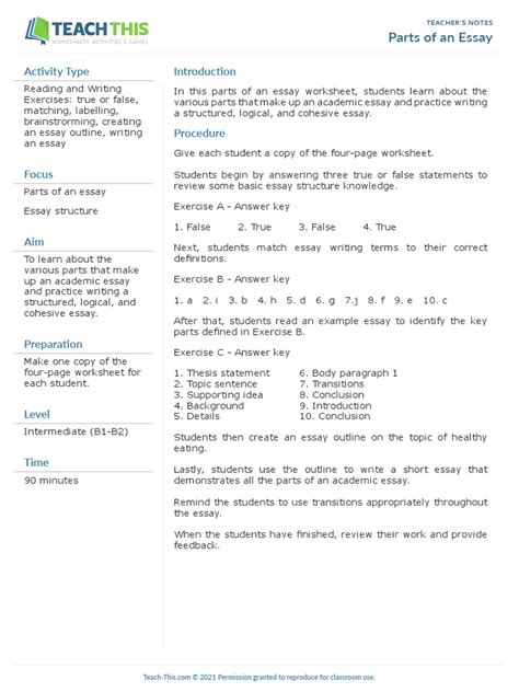 Parts Of An Essay Worksheet Pdf Essays Foods