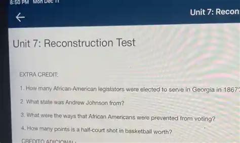 Unit 7 Recon Unit 7 Reconstruction Test Extra Credit How Many
