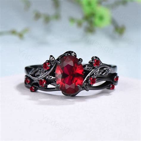Nature Inspired Leaf Ruby Ring Set Black Gold Branch Twig Lab Ruby Eng Penfine