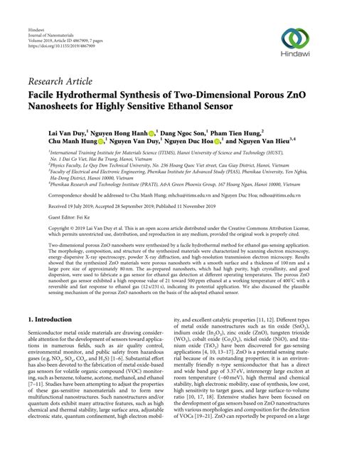Pdf Facile Hydrothermal Synthesis Of Two Dimensional Porous Zno Nanosheets For Highly