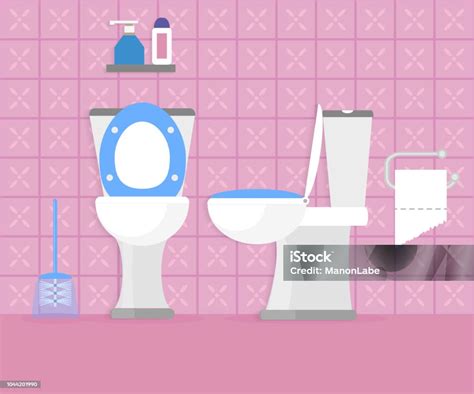 화장실의 화장실 인테리어 디자인 서식 파일 이동 청소용 브러시와 함께 전면 및 측면 보기 및 세라믹 타일의 아늑한 핑크 컬러에서 만든 화장지 평면 스타일 0명에 대한 스톡