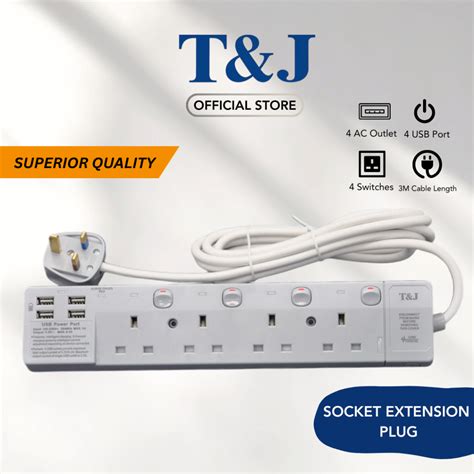 T J Extension Plug Power Socket With 4 USB Charging Port Multi Plug Extension With Switch