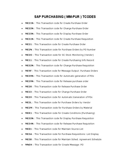 Sap Purchasing Transaction Codes List Download Free Pdf Financial Transaction Point Of Sale