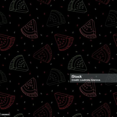 수박 조각으로 벡터 이음새가 없는 패턴 선형 과일이있는 어두운 손으로 그린 반복 가능한 배경 건강한 식생활에 대한 스톡 벡터 아트 및 기타 이미지 Istock