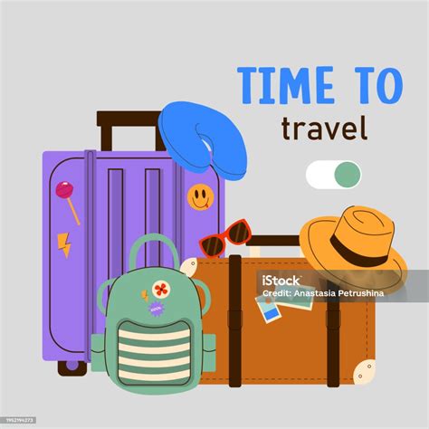여행자를 위한 여행 가방과 액세서리 세트의 간단한 벡터 그림입니다 여행할 시간 스티커에 대한 스톡 벡터 아트 및 기타 이미지