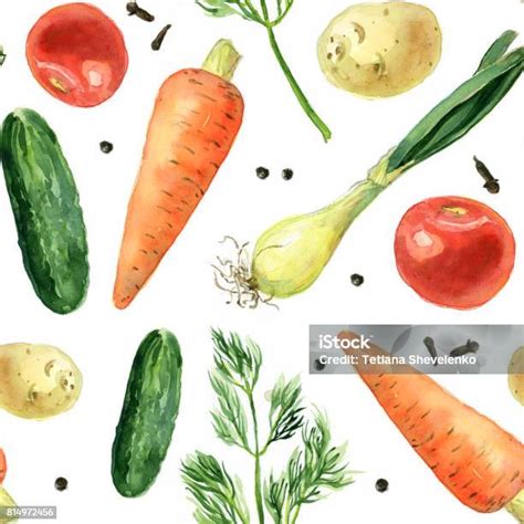 야채 수채화 스케치의 완벽 한 패턴입니다 당근 오이 양파 토마토 감자 딜 향료 계절에 대한 스톡 벡터 아트 및 기타 이미지 Istock