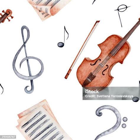 바이올린 활 및 악보와 완벽 한 패턴 고음 베이스 음자리표와 음표 벽지 손으로 그린 수채화 그림은 흰색 배경에 고립되어 있습니다 직물 직물 또는 지상 예술 디자인을 위해