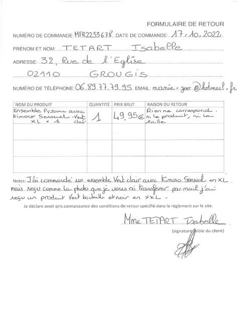 Formulaire De Retour Pdf