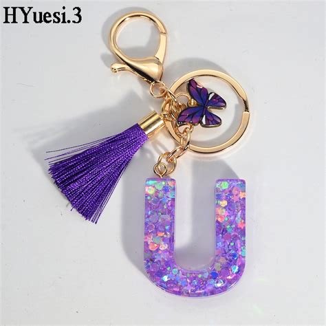 Glitter 26 Initials Name Keychain Purple Color Sequin Filled Letter Key Ring With Tassel
