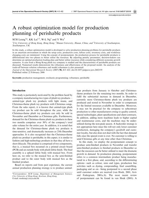 Pdf A Robust Optimization Model For Production Planning Of Perishable Products