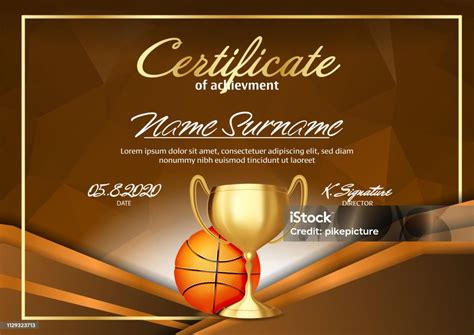 골든 컵 벡터와 농구 게임 인증서 디플로마입니다 스포츠 대학원 챔피언입니다 최고 상금입니다 우승자의 트로피 A4 가로입니다