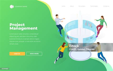 프로젝트 관리입니다 아이소메트릭 비즈니스 데이터 분석 프로세스 관리 또는 가상 화면에 정보 대시보드 페이지를 방문 하는 웹