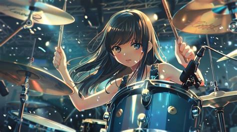 Anime Girl Playing Drums In A Music Studio With Rain Falling Down