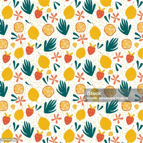 손으로 그린 스타일의 이국적인 과일 원활한 패턴 신선한 레몬 오렌지 딸기 밝은 꽃 배경 벡터는 인쇄에 좋은 배경을 반복합니다 감귤류 과일에 대한 스톡 벡터 아트 및 기타