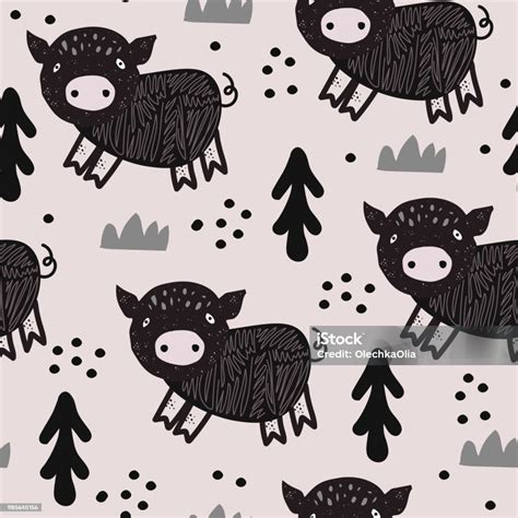 스 칸디 나 비아 스타일에 귀여운 돼지와 함께 손으로 그려진된 패턴입니다 섬유 직물 또는 포스터입니다 아이 아트 디자인 0명에 대한 스톡 벡터 아트 및 기타 이미지 Istock