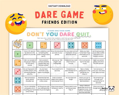 Printable Fun Dares Game For Group Party Dice Game Truth Or Dare Dice