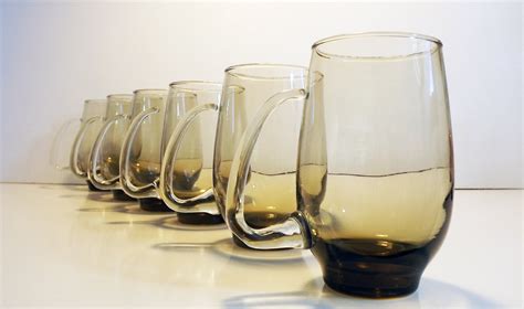 Libbey Glass Beer Mugs Tankards Retro Vintage Set Of 6 Smoked Blown Glass Handle Coffee