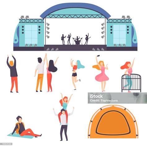 야외 축제 세트 무대에서 공연하는 음악 밴드 사람들 춤 응원 휴식 캠핑 공원 벡터 일러스트레이션에서 파티 사람들에 대한 스톡 벡터 아트 및 기타 이미지 Istock