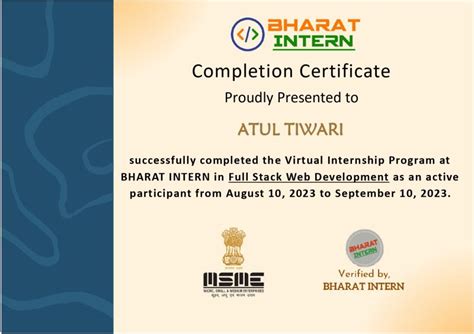 Atul Tiwari On Linkedin Fullstackinternship Bharatintern