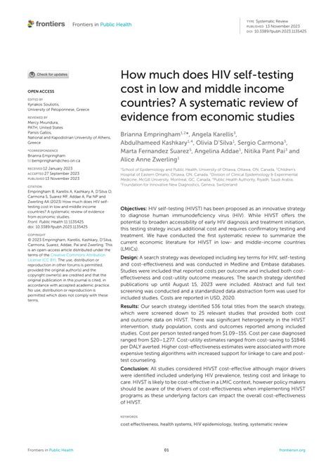 Pdf How Much Does Hiv Self Testing Cost In Low And Middle Income Countries A Systematic