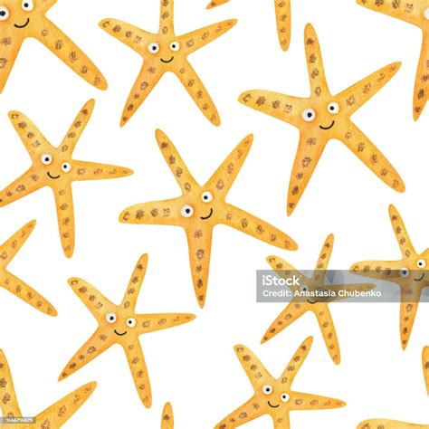 노란 불가사리 원활한 패턴 만화 스타일의 수채화 그림 아기 직물 패브릭 디자인 스크랩북 벽지 등을 위한 귀여운 질감 0명에 대한 스톡 벡터 아트 및 기타 이미지 Istock
