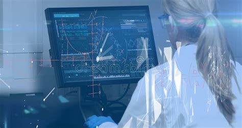 Image Of Digital Interface Over Woman Using Computer Stock Image