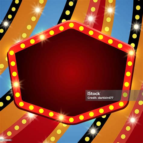 화려한 빛나는 서커스 휠 배경에 복고풍 빨간 배너입니다 프리젠 테이션 콘서트 쇼를위한 디자인 Theatrical Performance에 대한 스톡 벡터 아트 및 기타 이미지