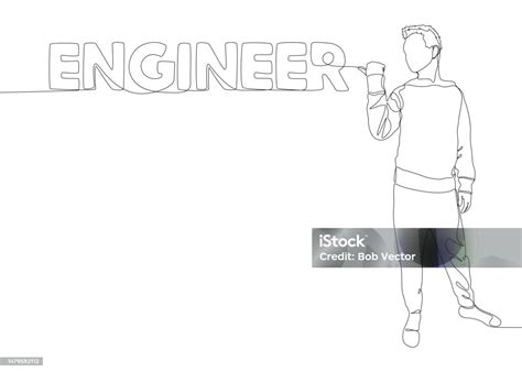엔지니어의 단어를 손가락으로 가리키는 남자의 연속적인 한 줄 얇은 선 그림 벡터 개념입니다 윤곽 그리기 창의적인 아이디어 가리키기에 대한 스톡 벡터 아트 및 기타 이미지