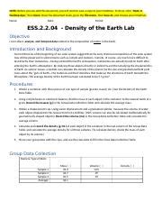 ESS 2 2 04 Density Of The Earth Lab Docx NOTE Before You Can Edit This Document You Will Need