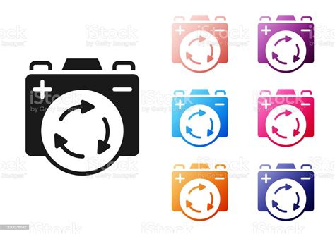 흰색 배경에 격리 된 재활용 기호 아이콘이있는 검은 색 배터리 재활용 기호가 있는 배터리 재생 에너지 개념 다채로운 아이콘을