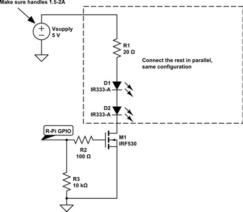 resistors using 25 ir leds with raspberry pi and transistor