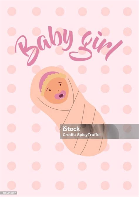 여자 아기 만화 갓 태어난 아이가 담요에 싸여 있다 젖꼭지가 있는 행복한 아기 인간의 나이 귀여운 딸 순진한 아이 생일 글자가 있는 인사말 카드입니다 벡터 그림 가족에 대한