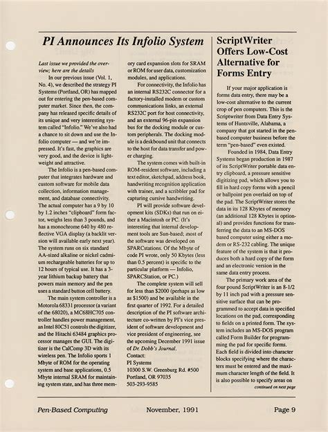 Pen Based Computing November 1991 Volume 1 Number 5 Pen Based Computing History Museum