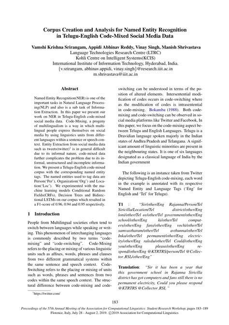 Pdf Corpus Creation And Analysis For Named Entity Recognition In Telugu English Code Mixed